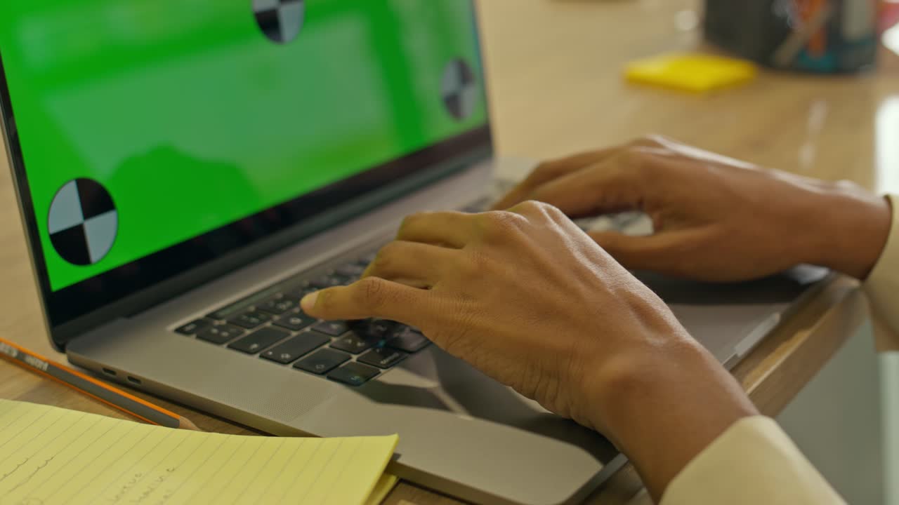 Hands Typing On A Laptop With A Green Screen Display - Free Stock Video