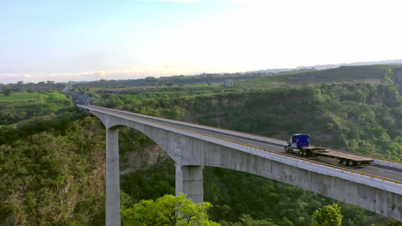 Cars on bridge above lush green forest canopy - Free Stock Video