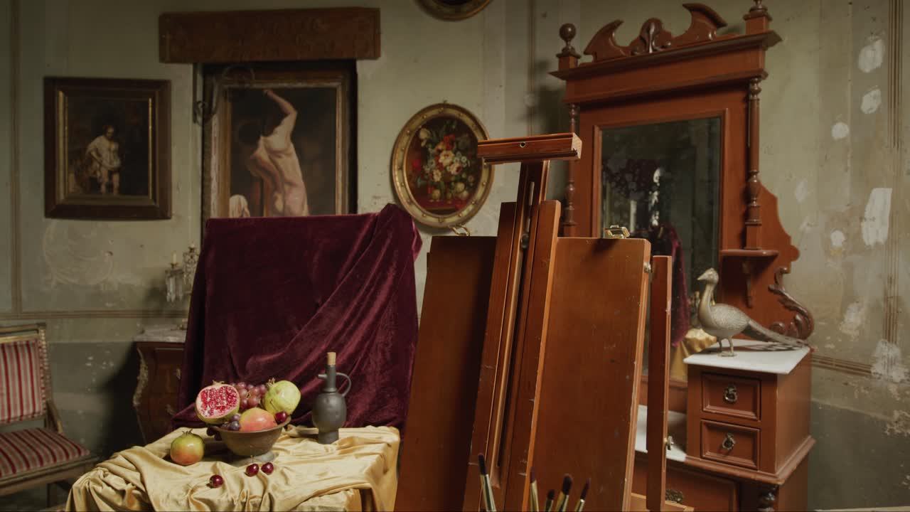 Artists' studio with easel and still life setup - Free Stock Video