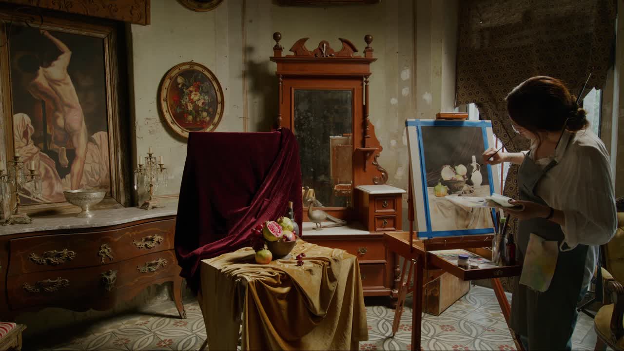 Artist painting in an ornate, classical studio setting - Free Stock Video