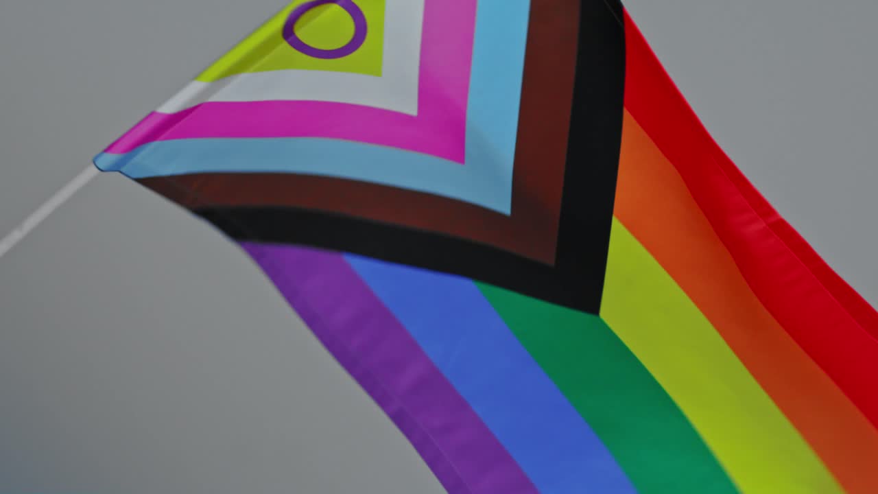 A colorful progress pride flag waving against a gray sky - Free Stock Video