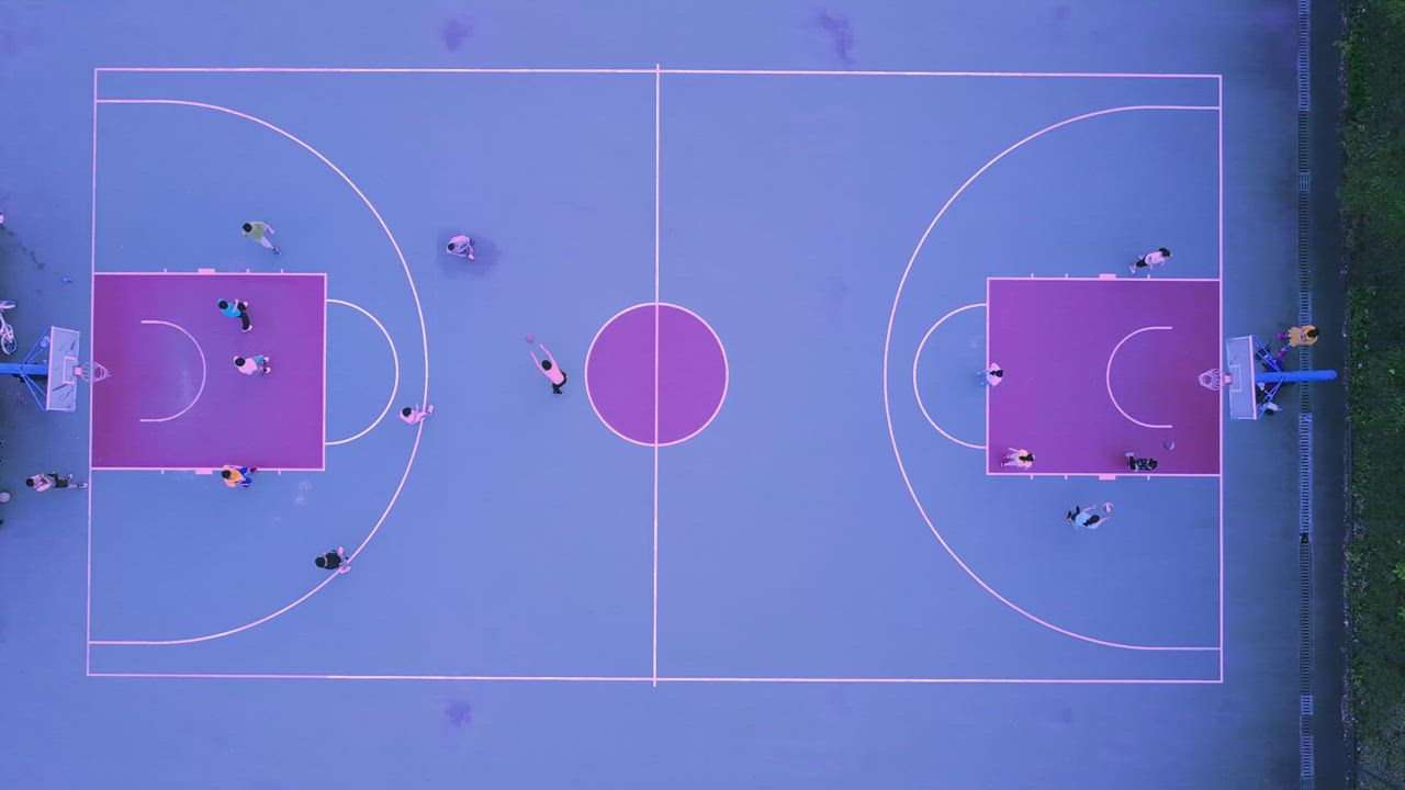 Aerial view of a blue and purple basketball court - Free Stock Video