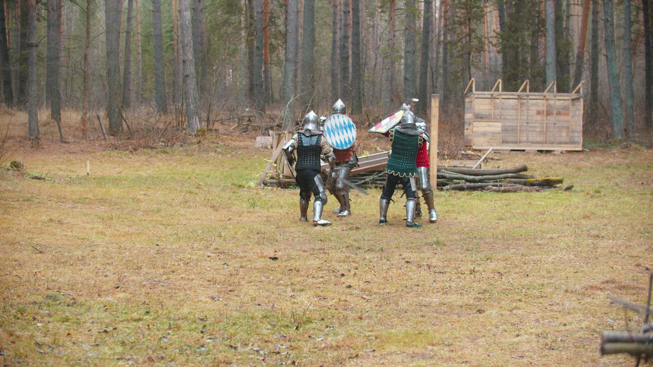 Knights with swords fighting in the woods - Free Stock Video