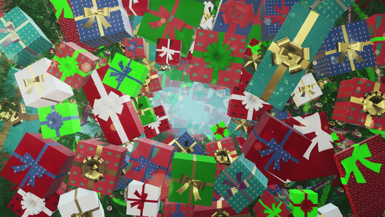 Flying through a tunnel of floating Christmas presents - Free Stock Video