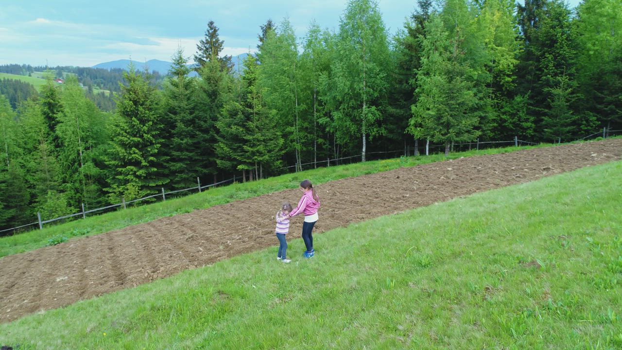 Girls playing beside a farm field - Free Stock Video