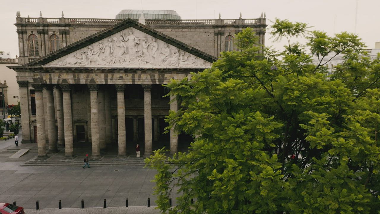 Aerial front view of a theatre - Free Stock Video