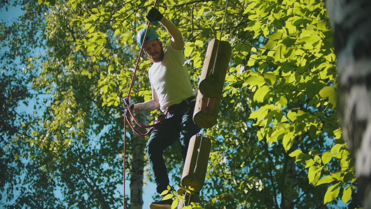 Man walking on floating logs in the woods - Free Stock Video