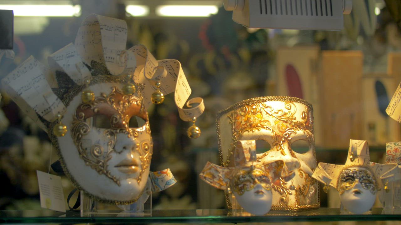 Carnival masks in a shop window - Free Stock Video