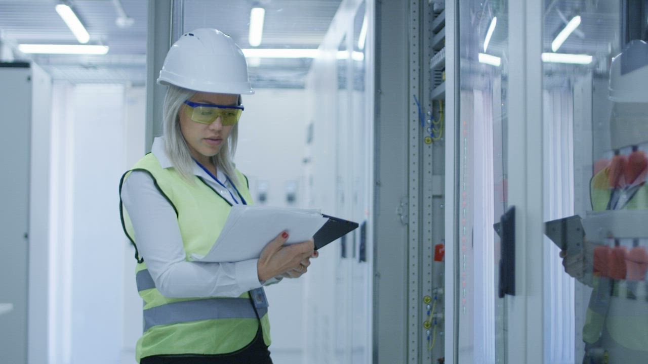 Woman with security helmet in the control room - Free Stock Video