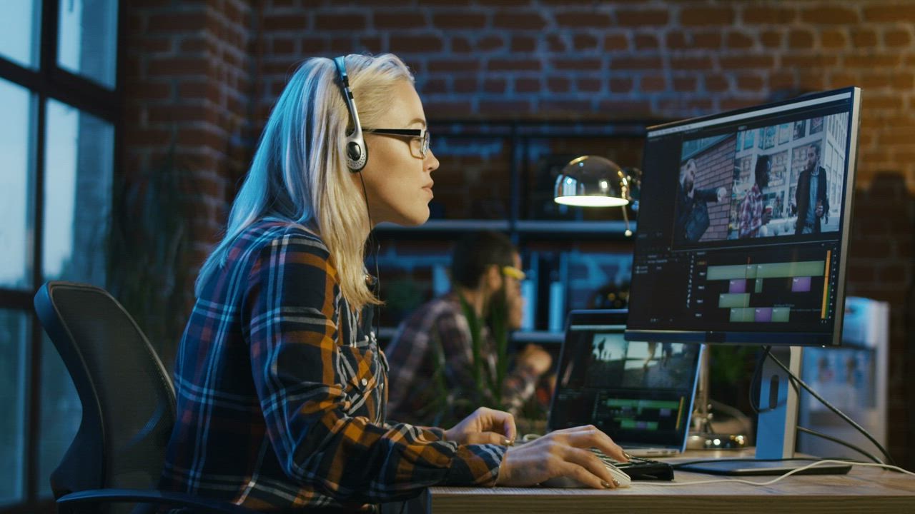 Woman doing video editing with headphones - Free Stock Video