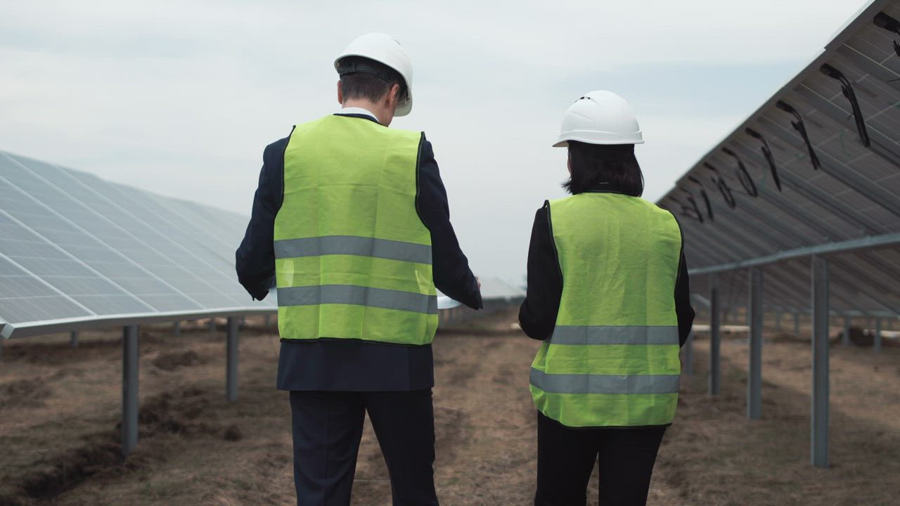 Engineers working through solar field - Free Stock Video