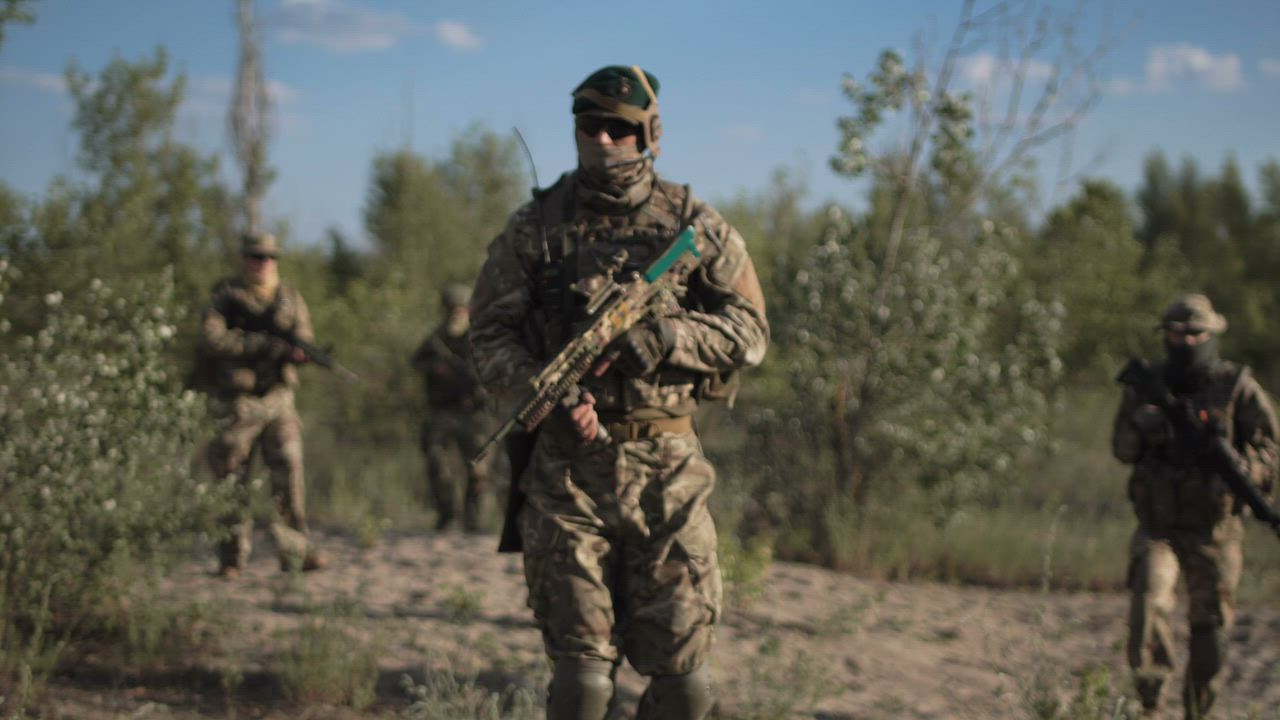 Soldiers troop walking and posing on the field - Free Stock Video