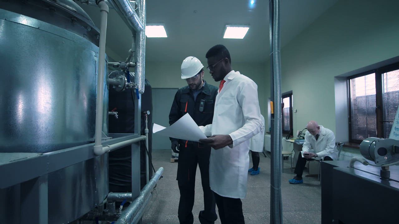 Scientist walking through lab with a blueprint - Free Stock Video