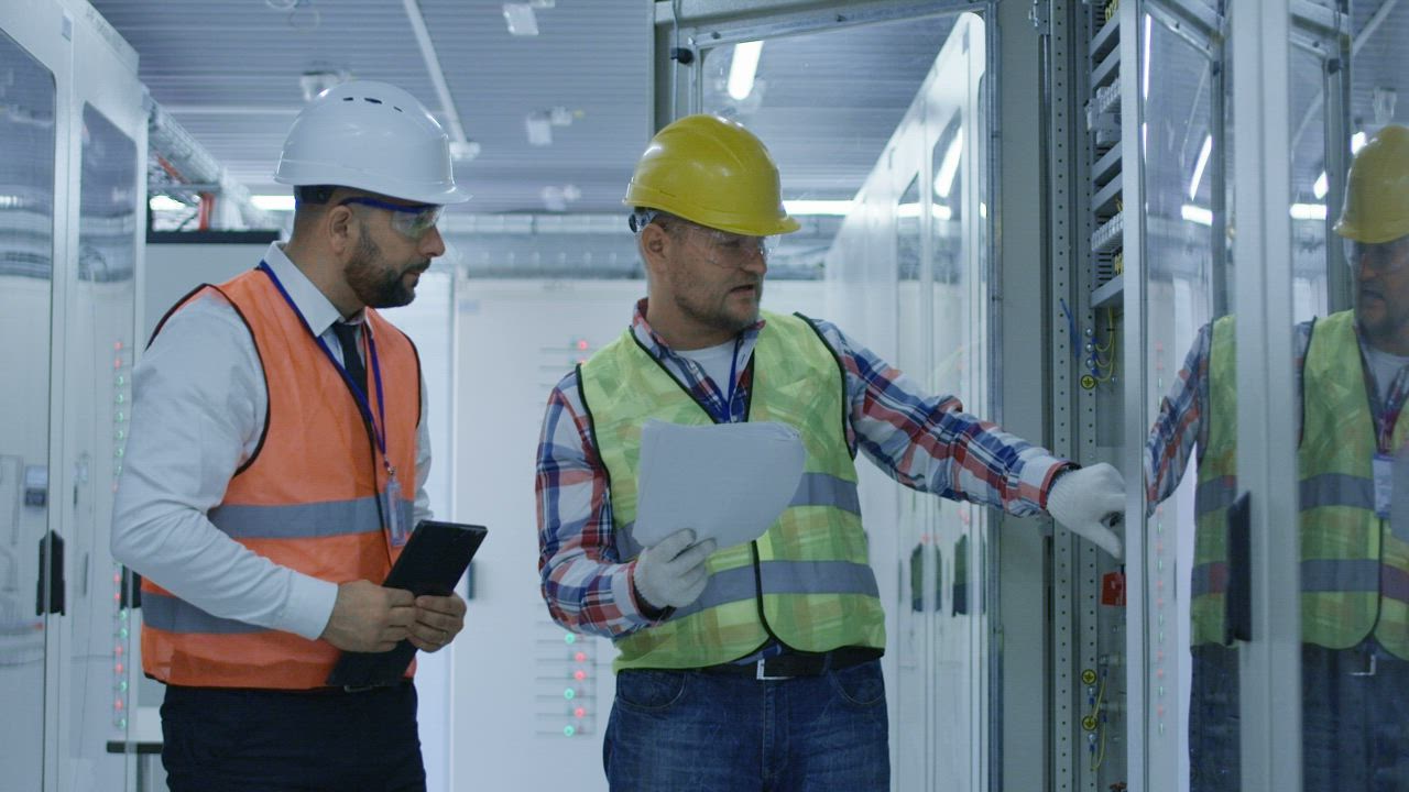 Engineers working with electrical equipment - Free Stock Video