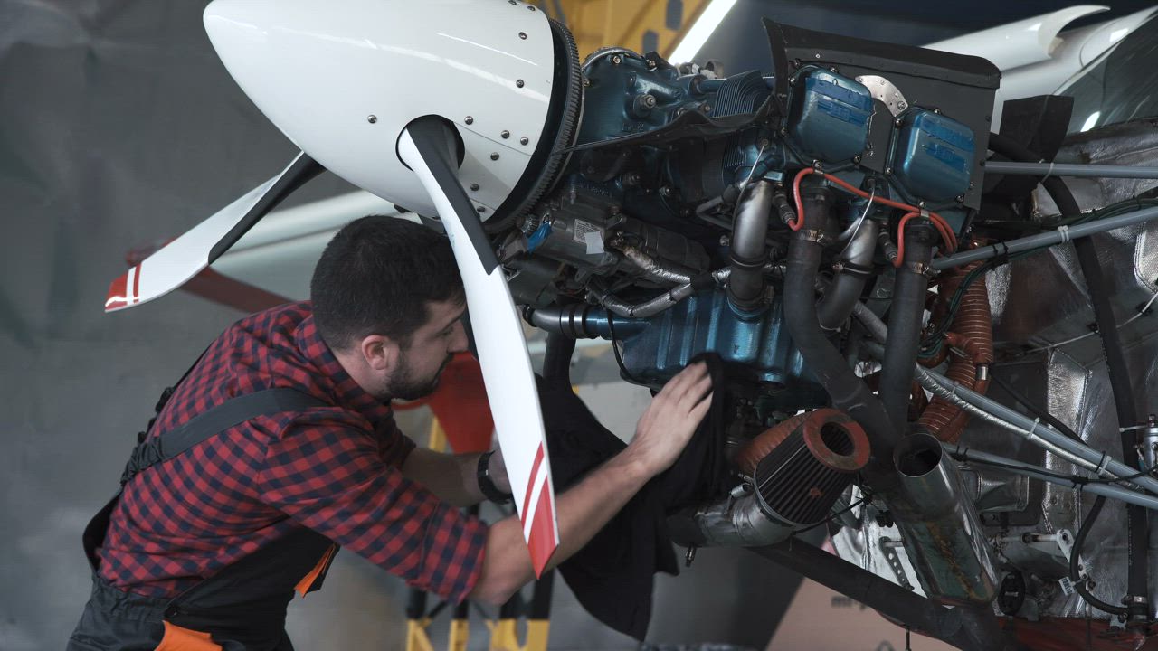 Mechanic cleaning aircraft engine - Free Stock Video