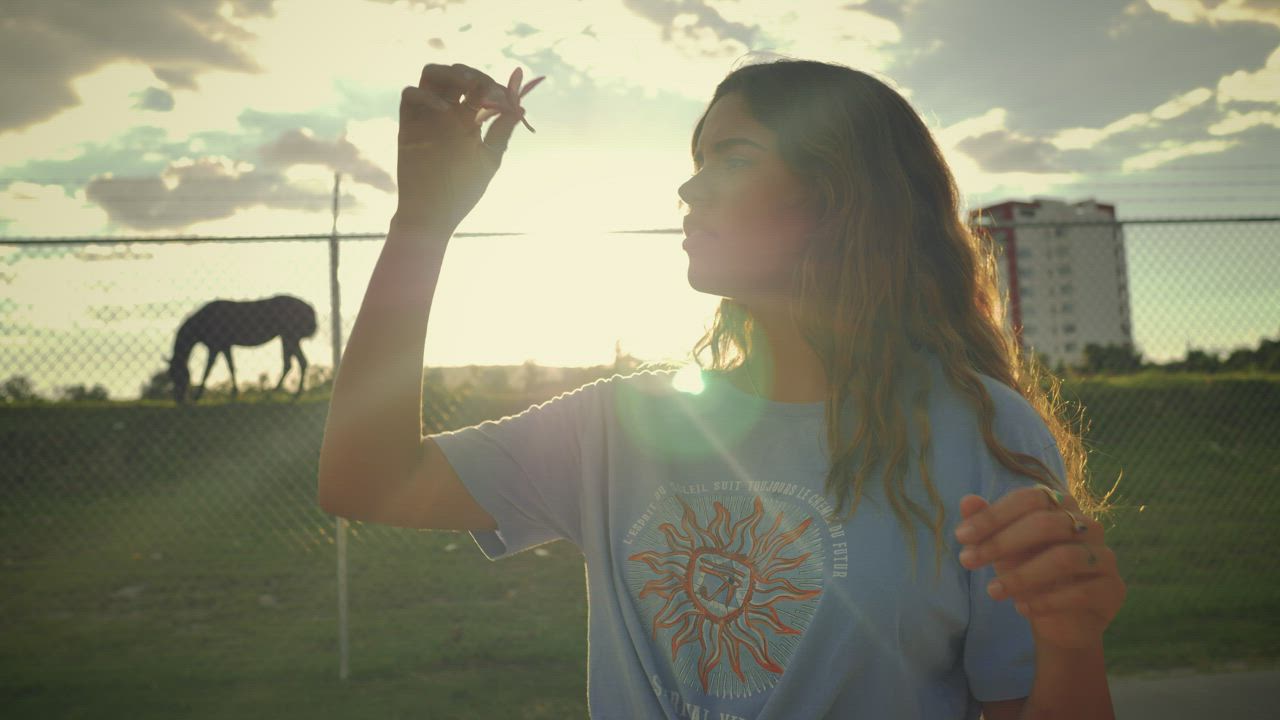 Young woman placing a flower on her ear in a sunset - Free Stock Video