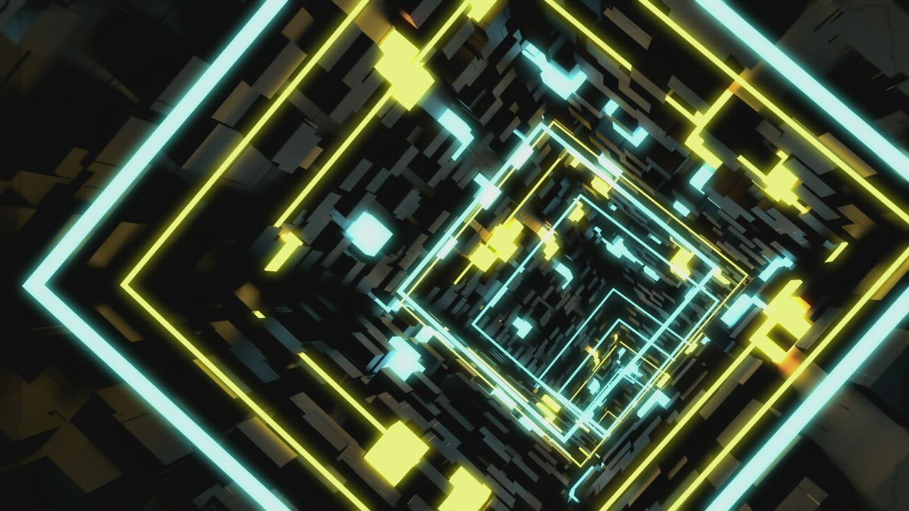 Black tunnel with neon lights and square - Free Stock Video