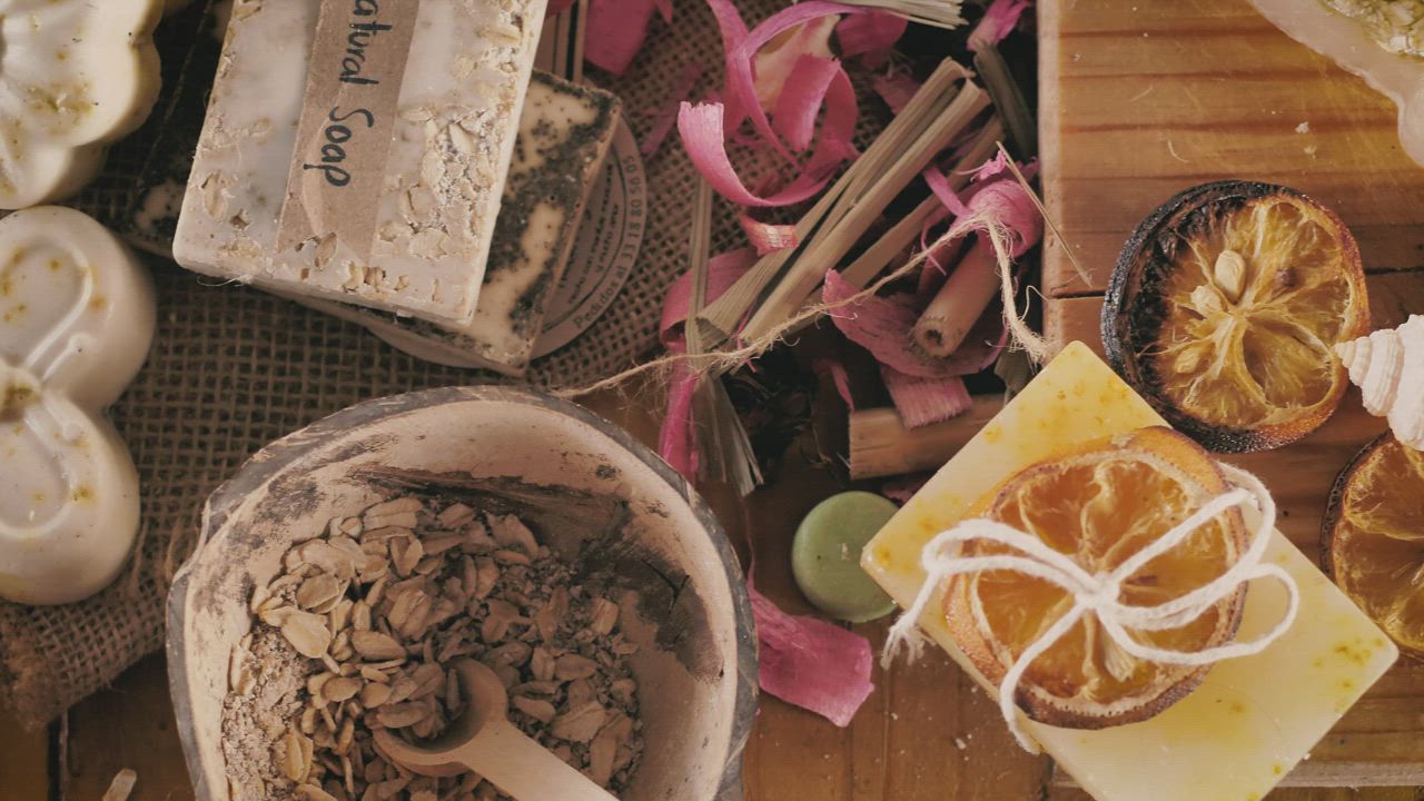 Work table with handmade soaps, still life and labels - Free Stock Video