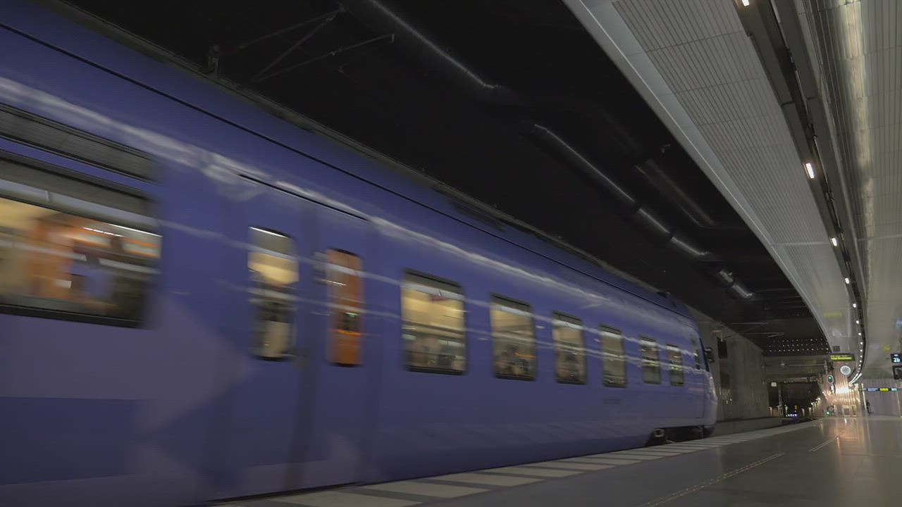 Purple subway train leaving - Free Stock Video