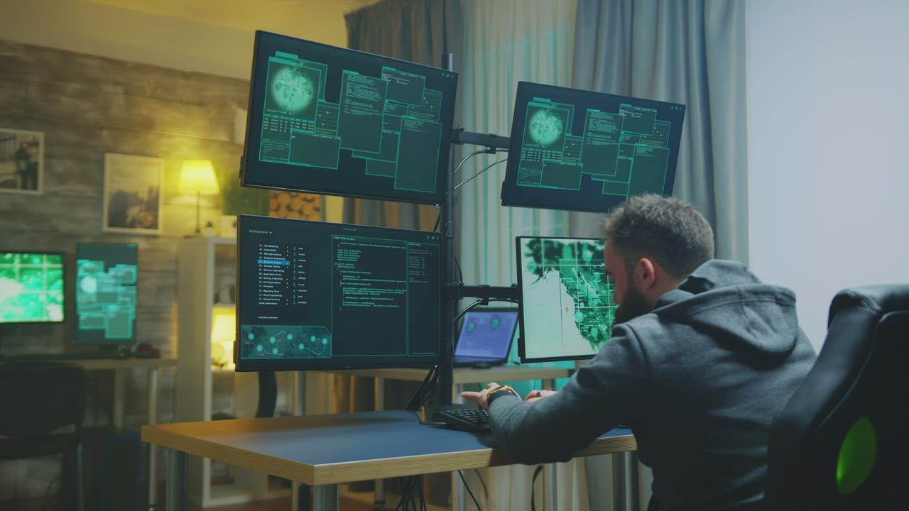 Hacker raising his hands in success - Free Stock Video