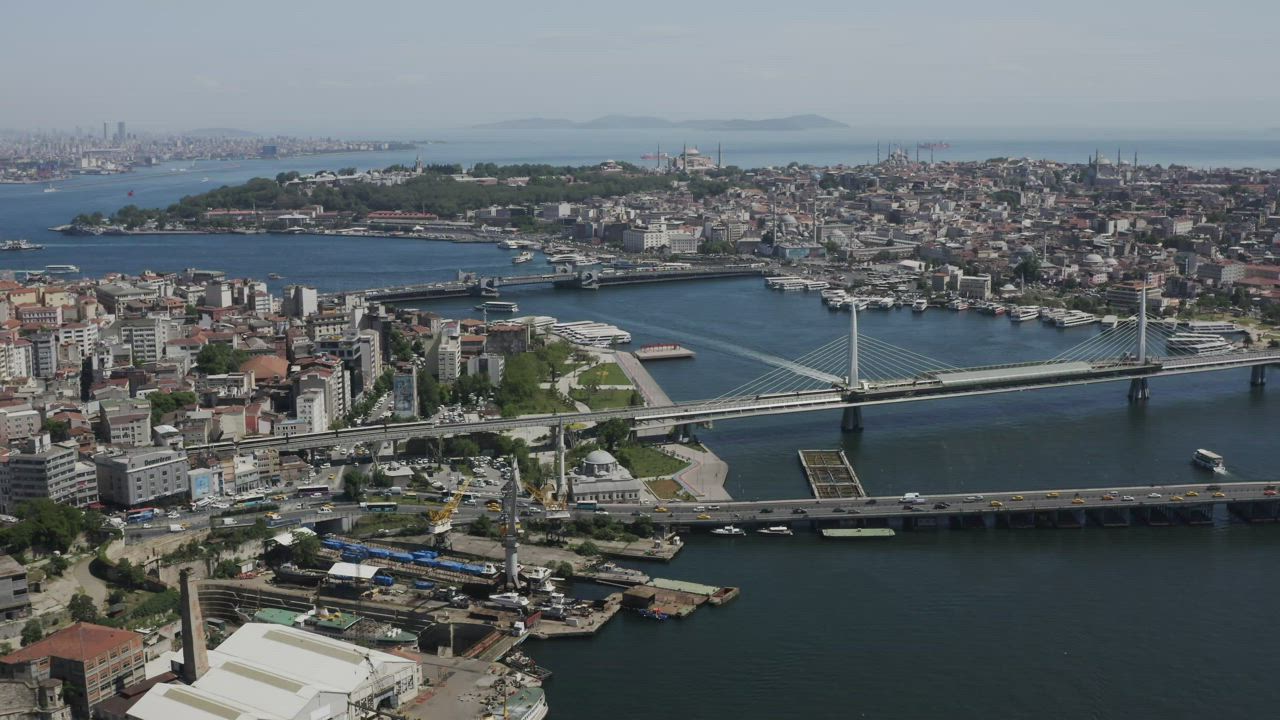 Fast moving boat below three bridges - Free Stock Video