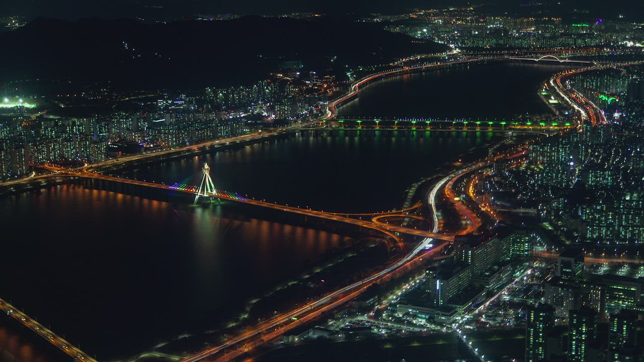 Illuminated bridges in Seoul at night - Free Stock Video