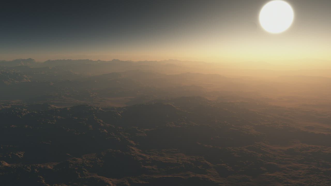 Flying over an alien planet heading for the sun - Free Stock Video