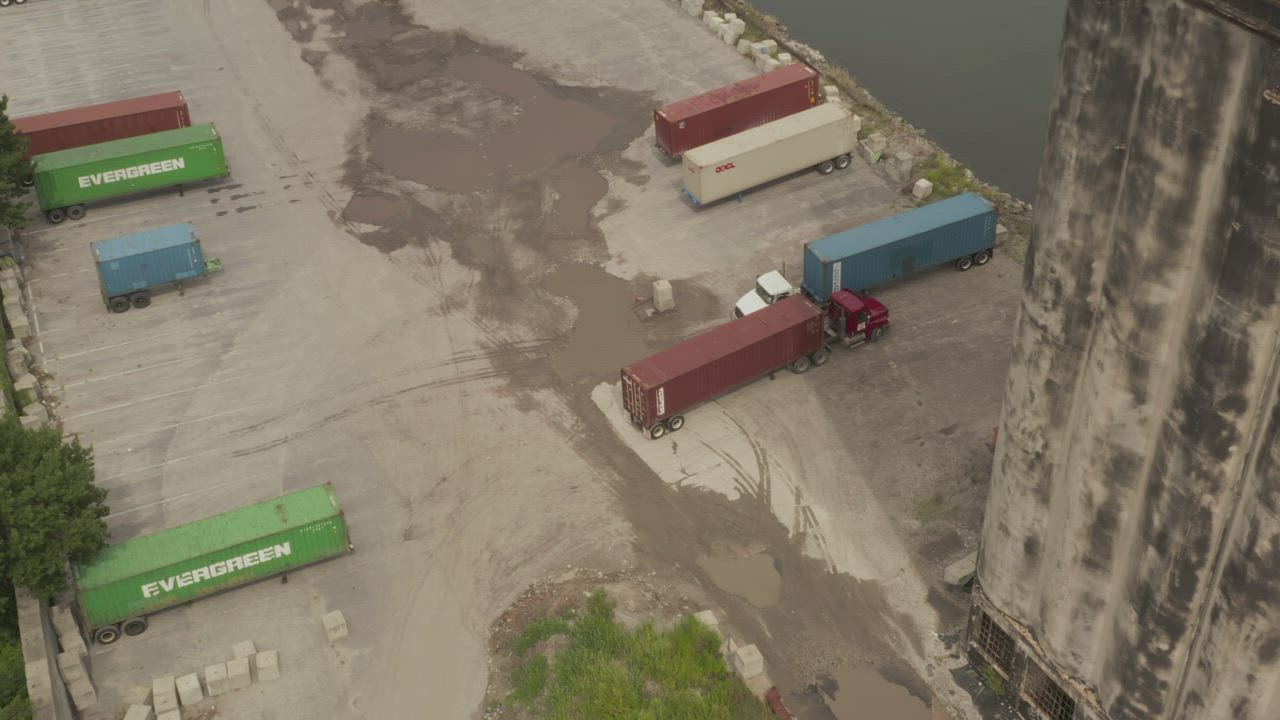 Land transport zone in a port, aerial shot - Free Stock Video