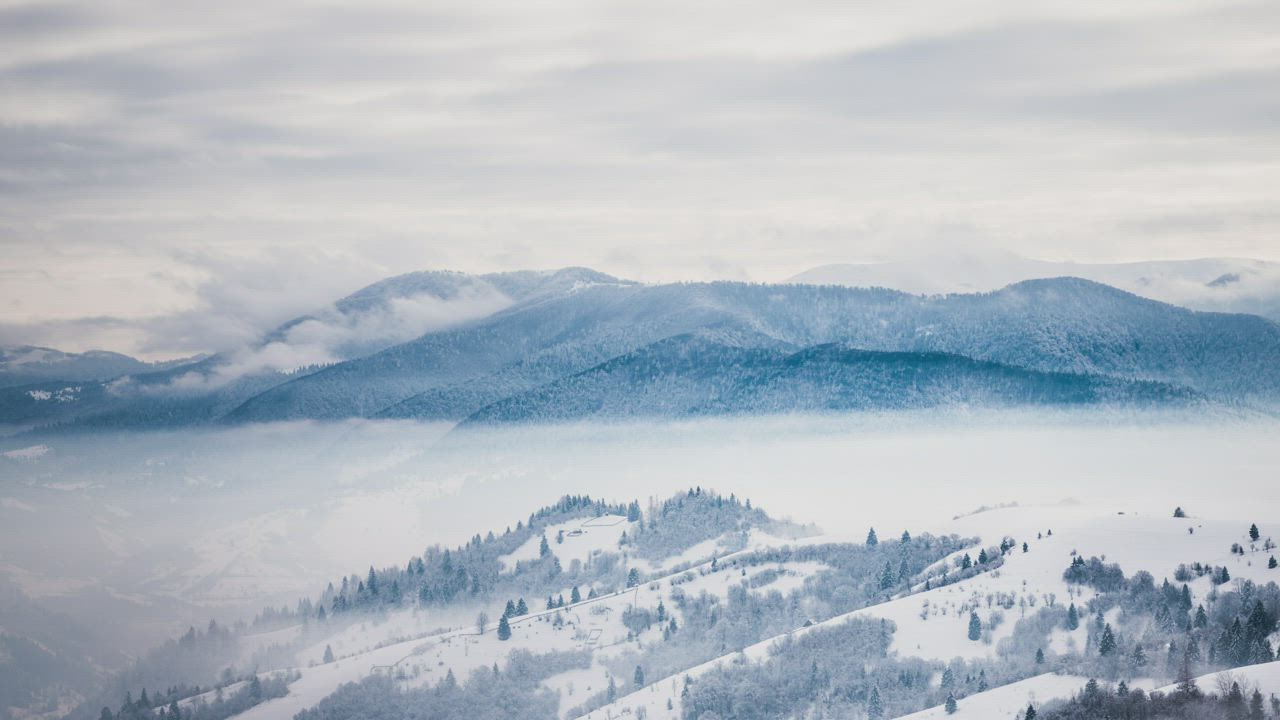 Distant view of forests in snowy mountains - Free Stock Video