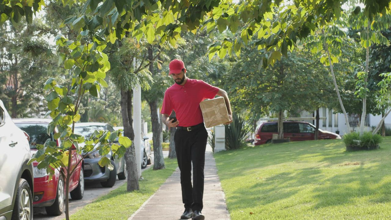 Delivery man looking for an address on the street - Free Stock Video