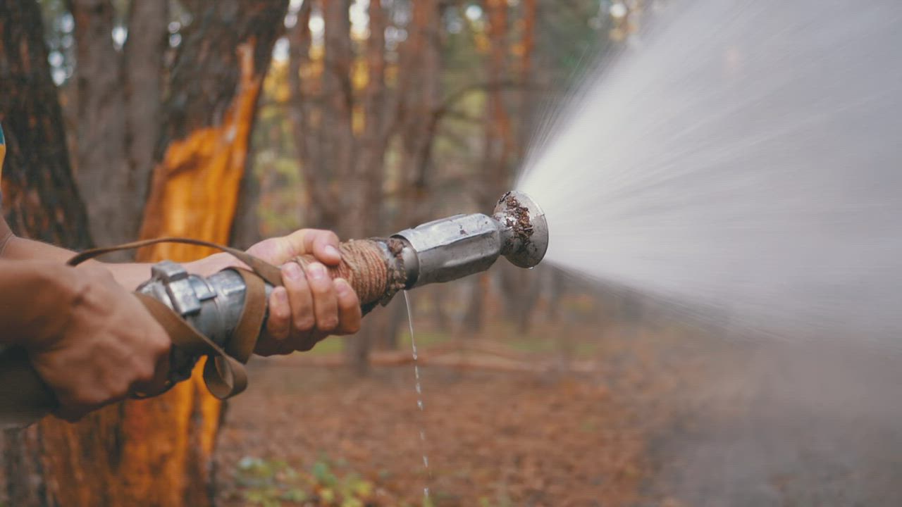 Man holding a fire hose in the woods - Free Stock Video
