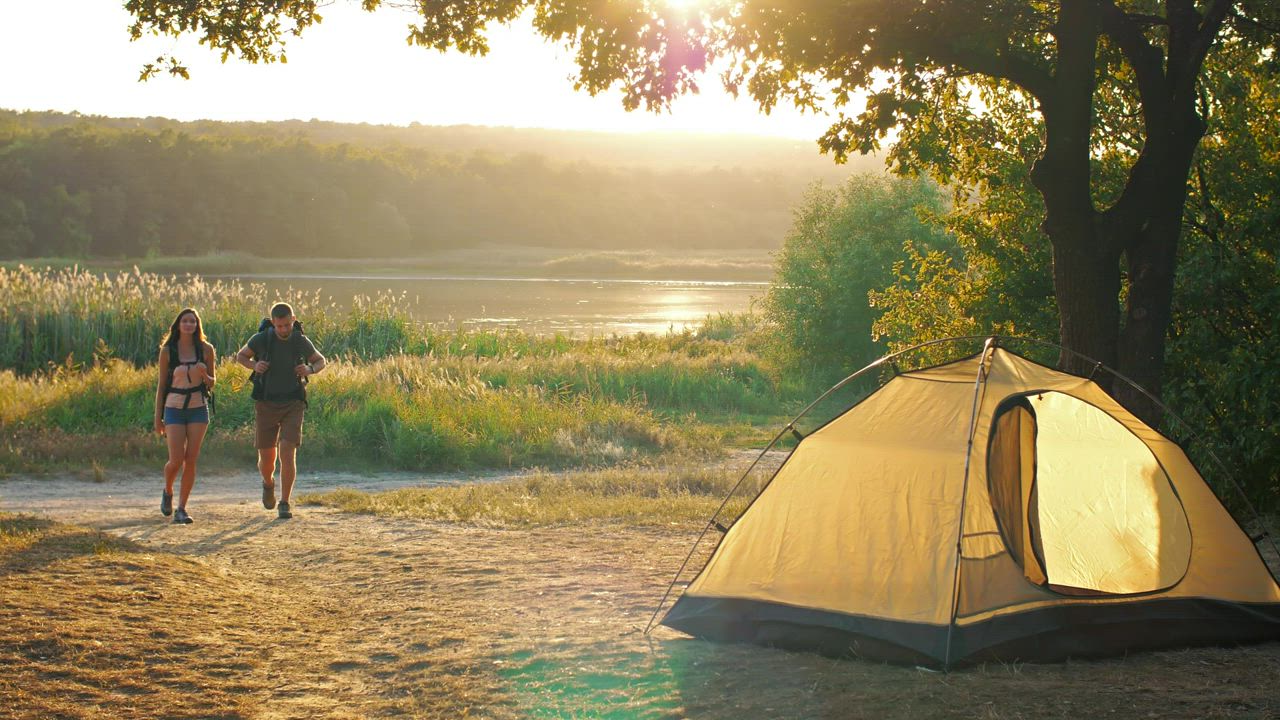 Man and woman returning to their camp in nature - Free Stock Video