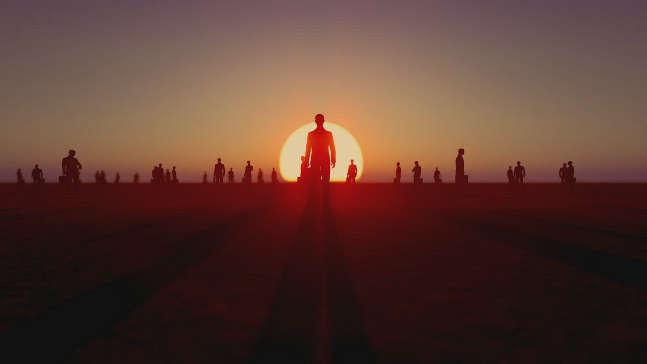3D people spread out on a plain at sunset - Free Stock Video