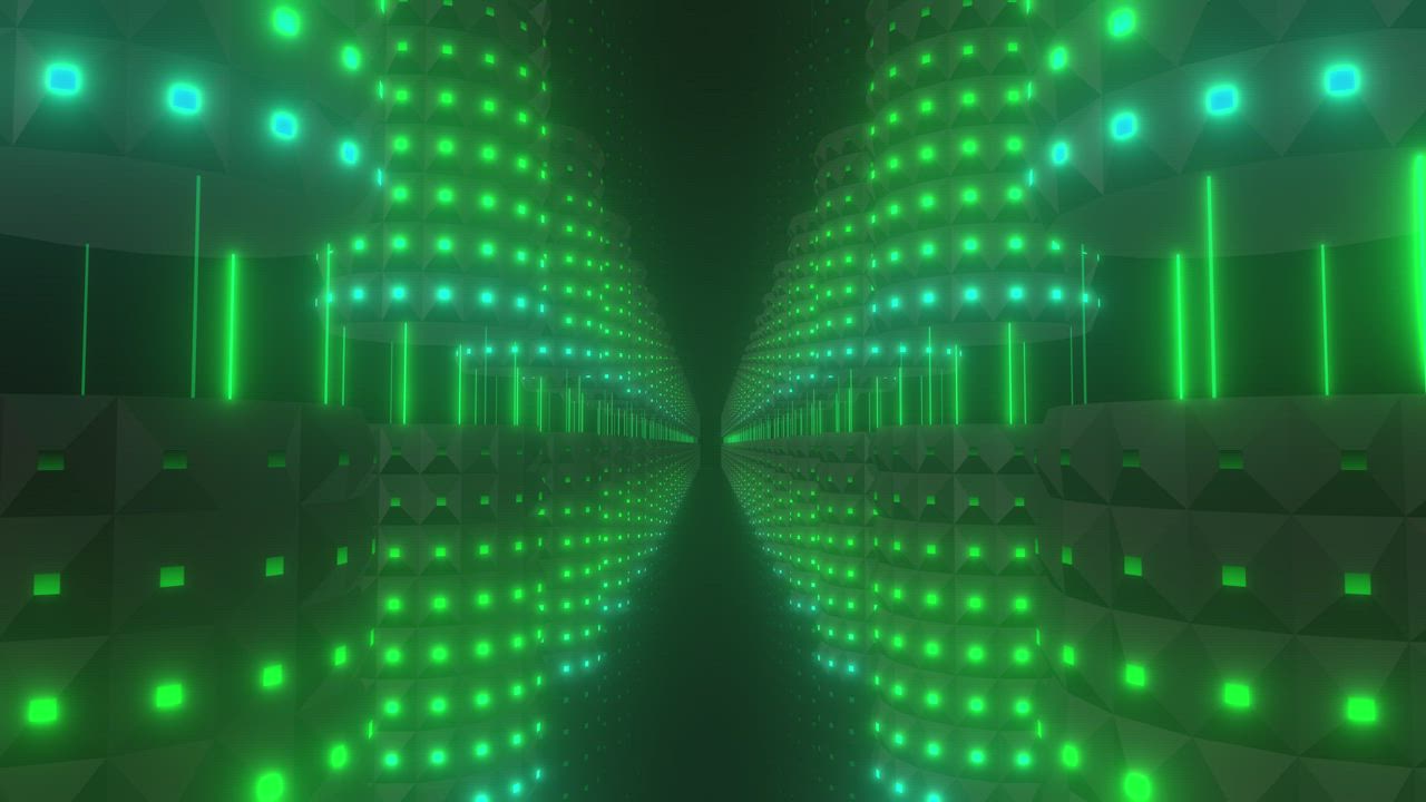Hallway rows of rotating cylinders with green lights - Free Stock Video