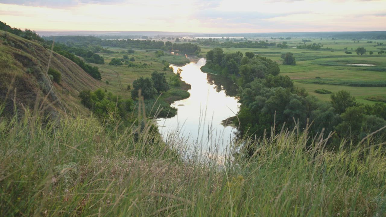 High view of a river between fields - Free Stock Video