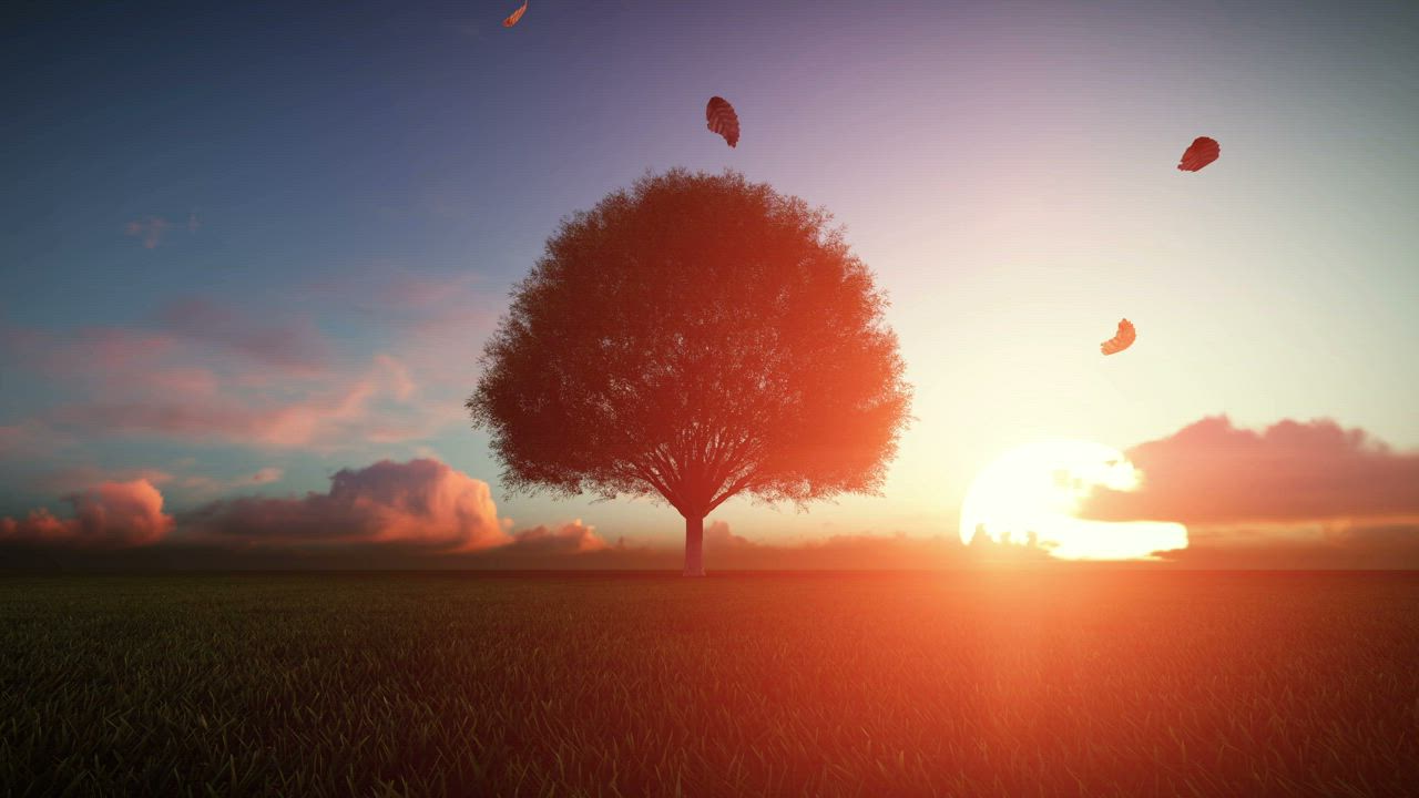 Big autumn tree at sunset, 3D animation - Free Stock Video