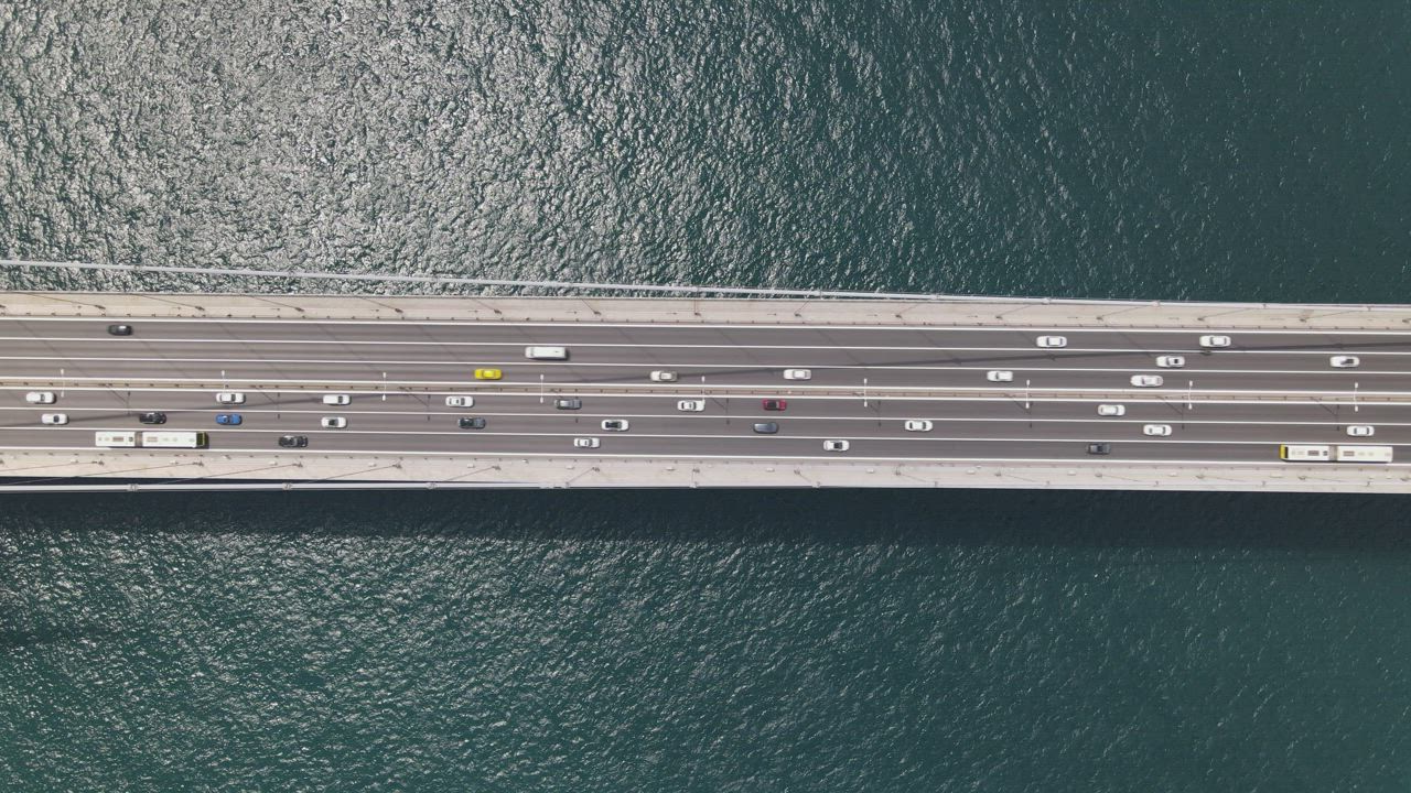 Suspension bridge with many cars, aerial shot - Free Stock Video