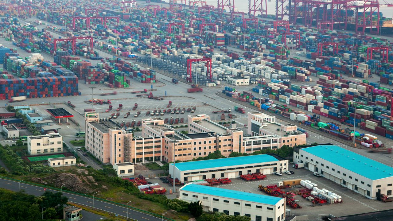 Large container area on a coastline, aerial shot - Free Stock Video