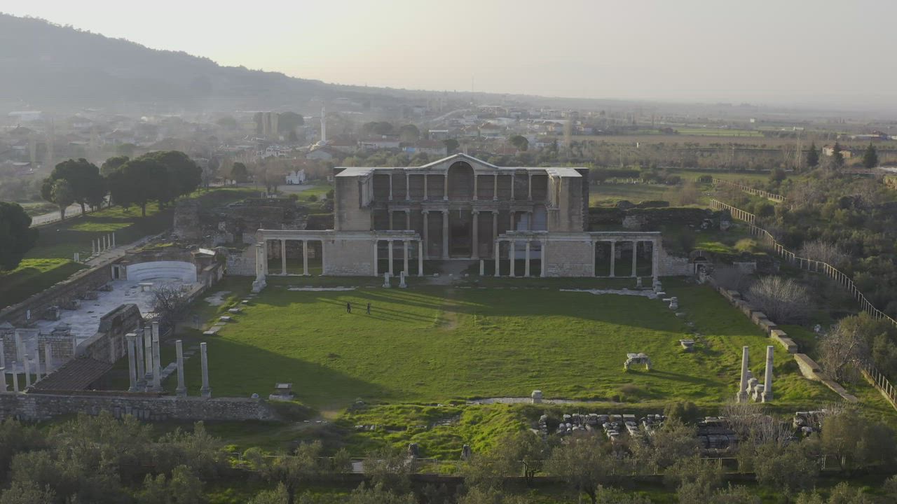Facade of an ancient building in ruins from above - Free Stock Video