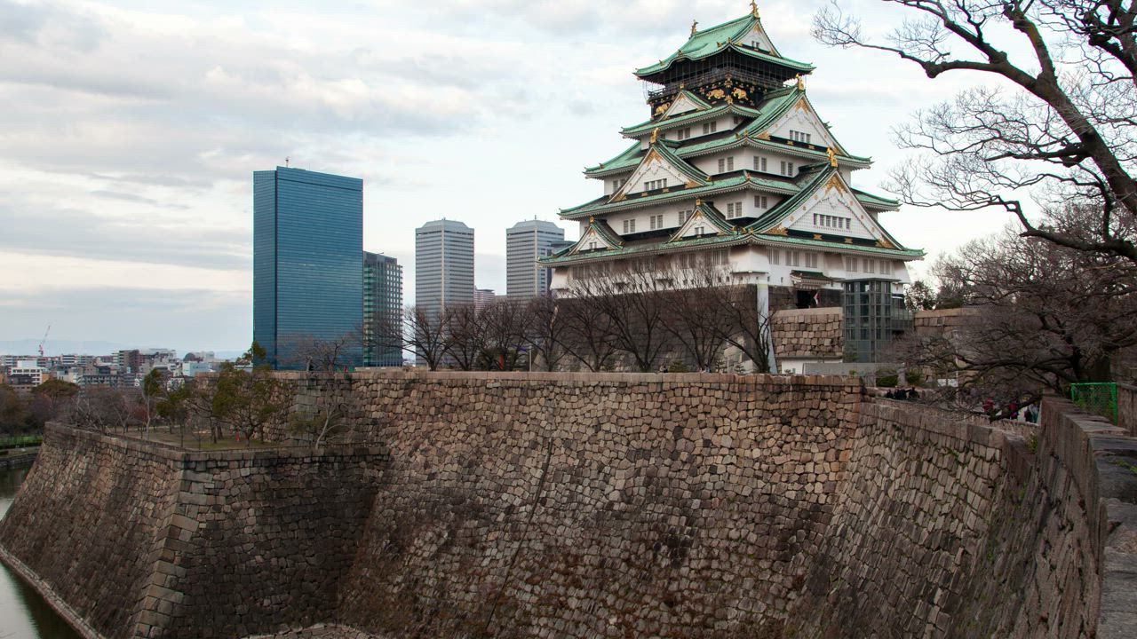 Panorama around the Osaka samurai castle - Free Stock Video
