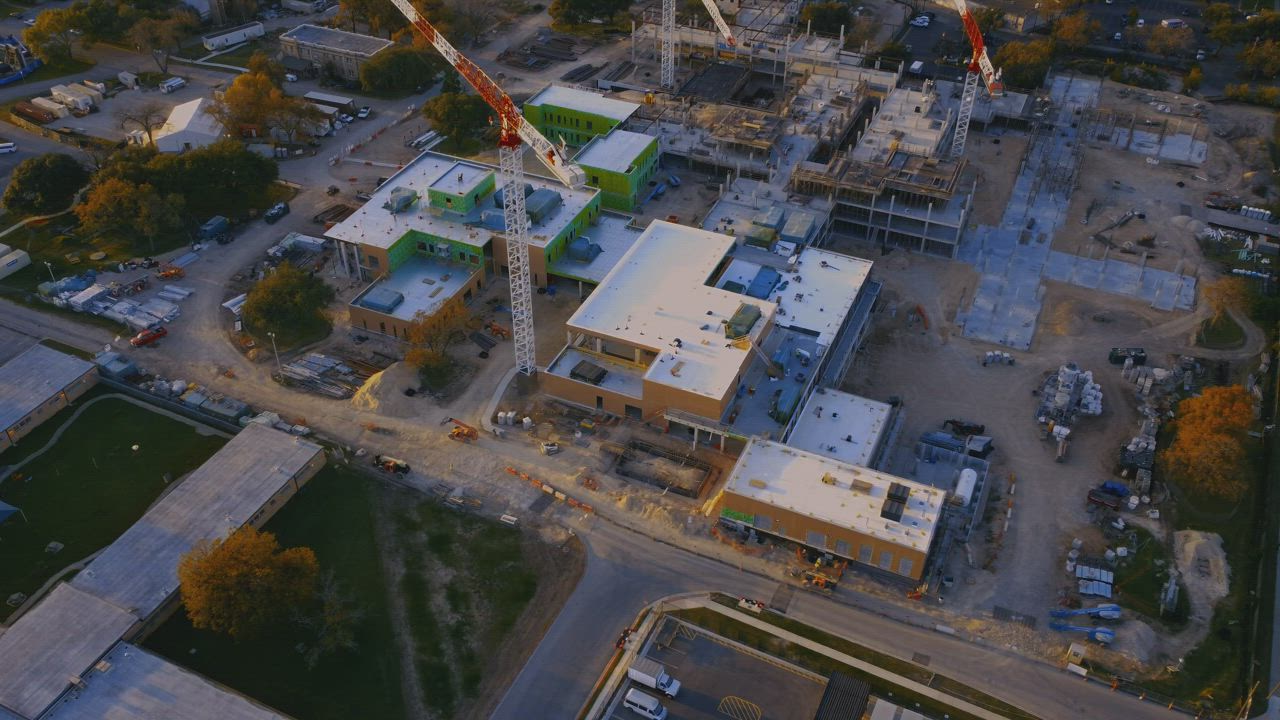 Construction zone in a city in an aerial shot - Free Stock Video