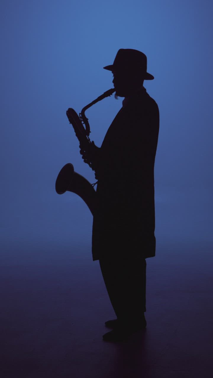 Full body silhouette of a saxophonist - Free Stock Video