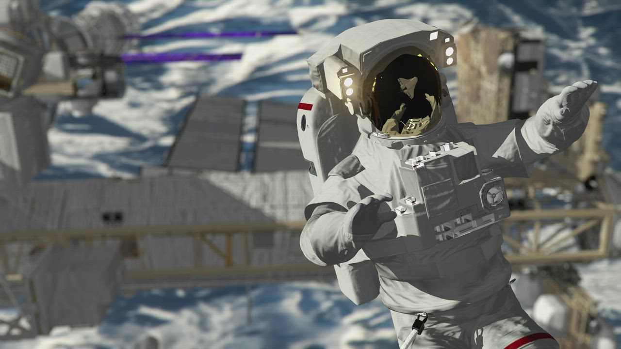 Astronaut floating backwards in space waving in front of a spaceship ...