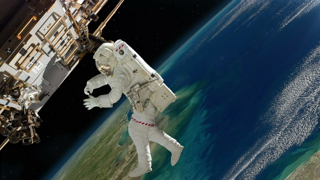 Astronaut floating through space fixing a spaceship - Free Stock Video