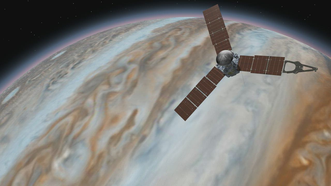 Space probe hovering above the expanse of Jupiter - Free Stock Video