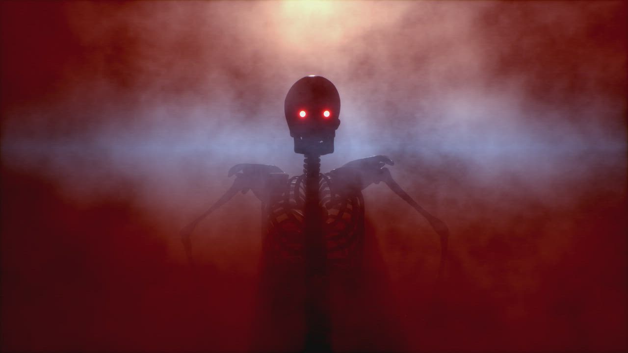 Spooky skeleton crawling through a red haze - Free Stock Video