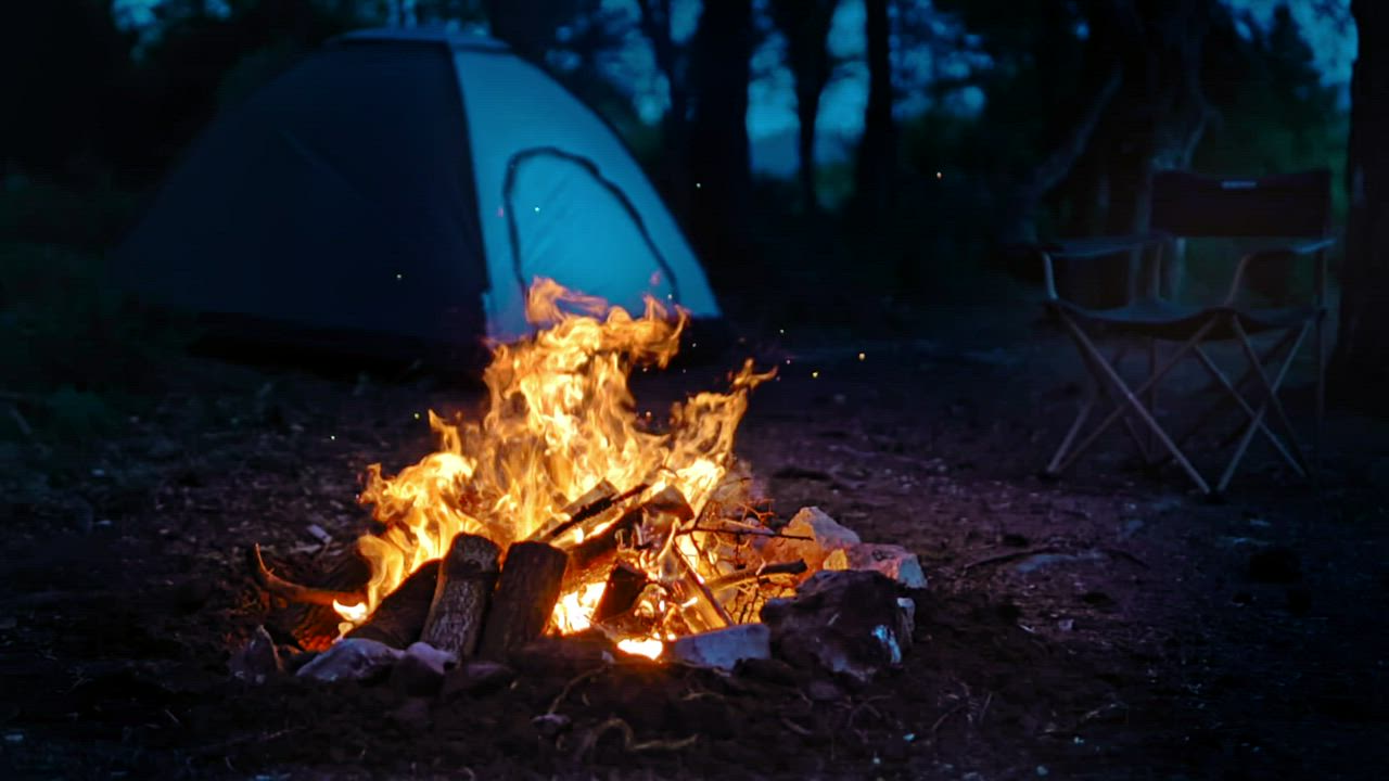 Campfire burning at night with a tent in the background - Free Stock Video