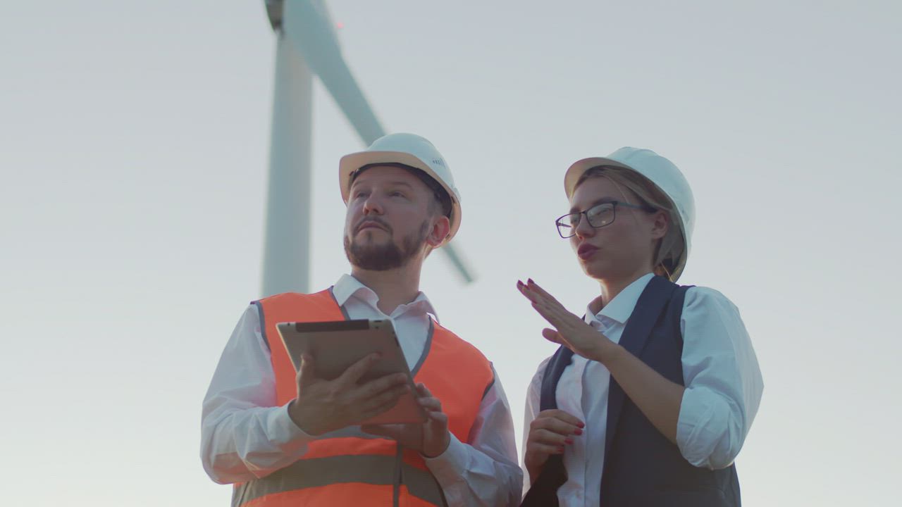 Two people inspecting wind turbines - Free Stock Video