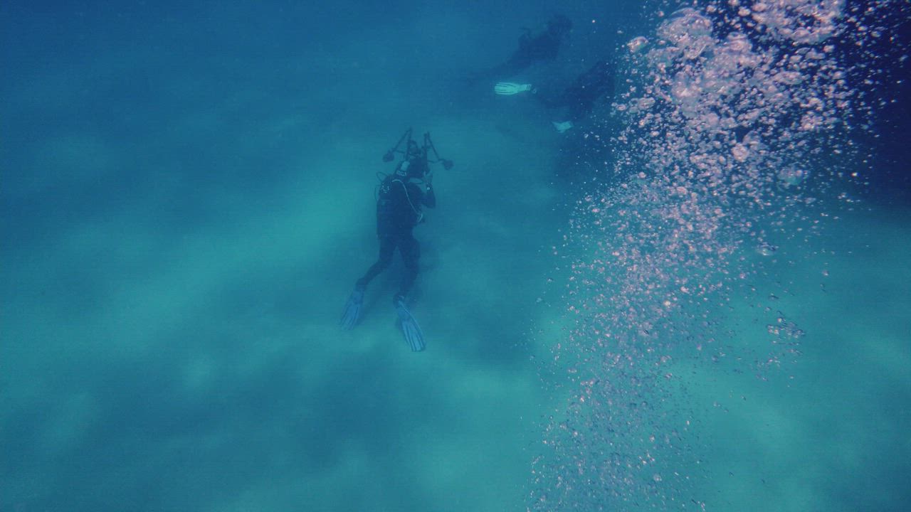 Scuba divers swimming and exploring a sunken vessel - Free Stock Video