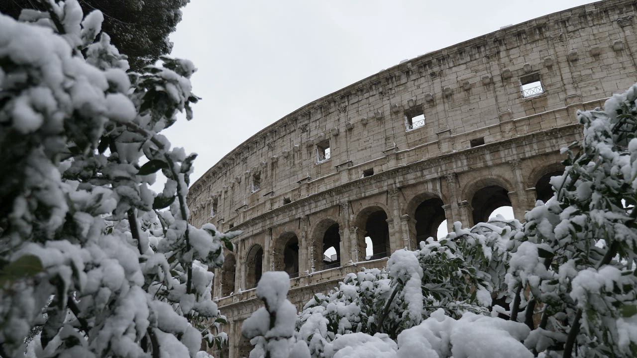 The Colosseum in Rome viewed through snow covered trees - Free Stock Video